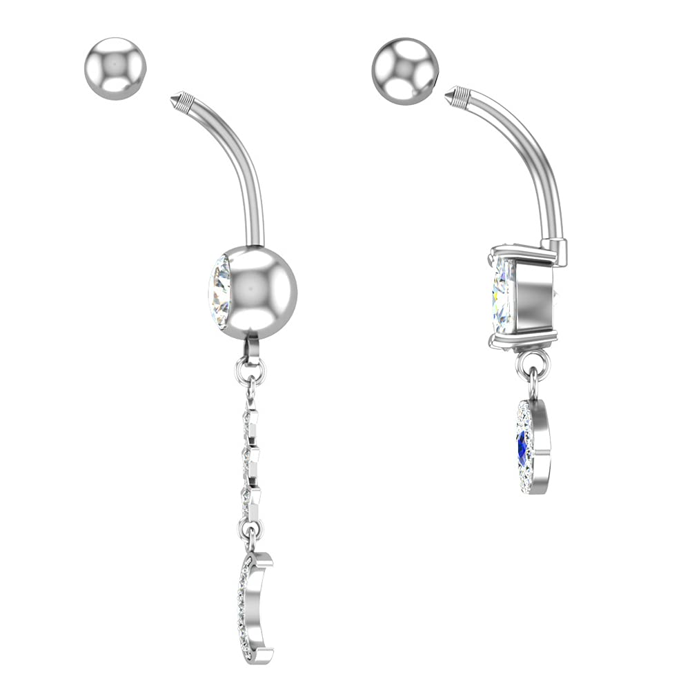 Evil Eye Belly Button Rings Surgical Steel Sexy Moon Dangle Zircon Stainless Steel Cute Dainty Boho Crescent Moon Demon Eye Belly Dangle Button Ring Set Hypoallergenic Body Piercing Jewelry (Silver)