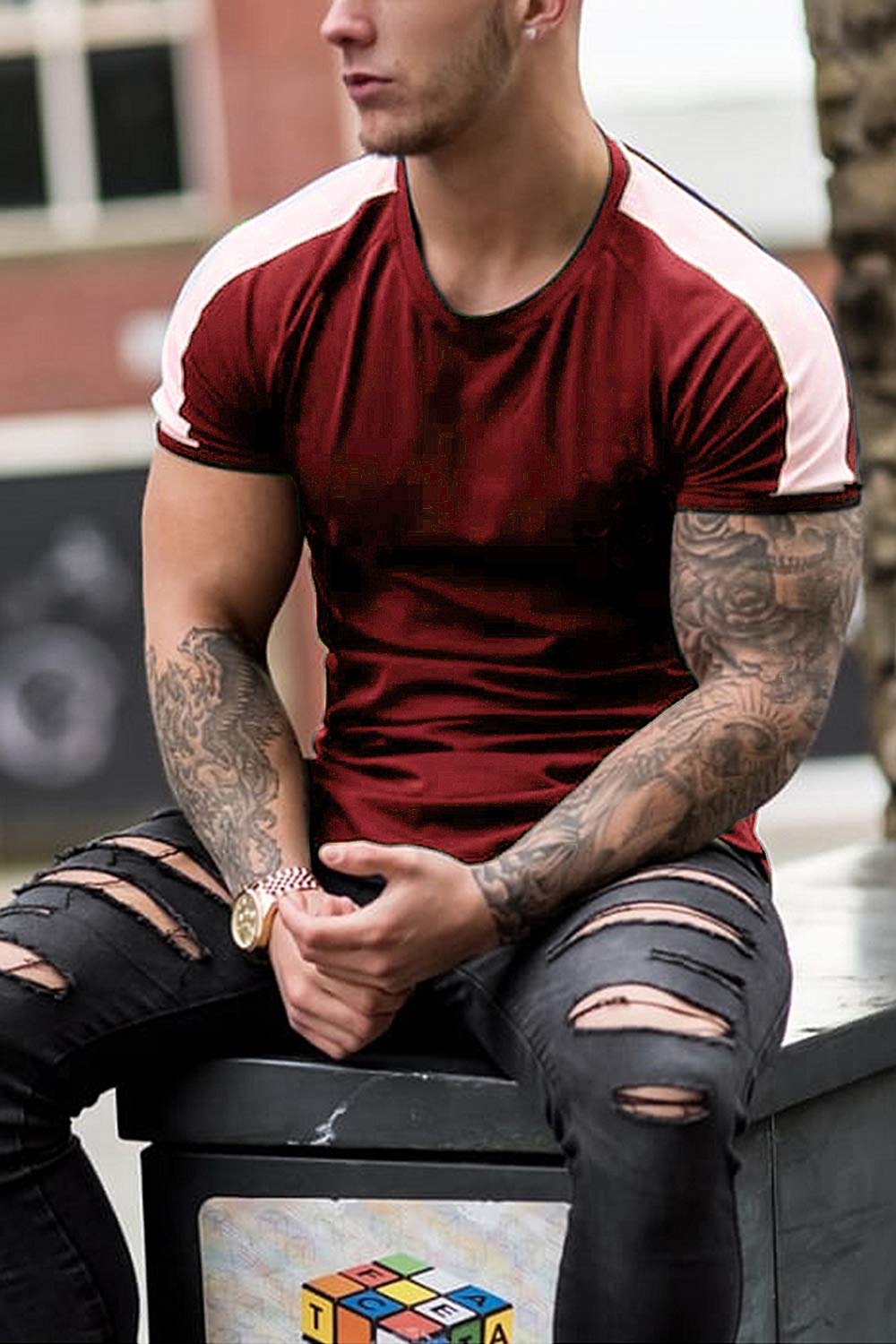 COOFANDY Mens Bodybuilding Workout Shirts Soft Gym Muscle T-Shirt Wine Red M