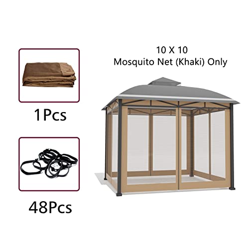 Tumjay Gazebo Universal Replacement Mosquito Netting 10’x10’ Garden Gazebo Netting Outdoor Canopy Mesh Patio Screen Sidewalls with Zipper(Mosquito Net Only,Khaki)