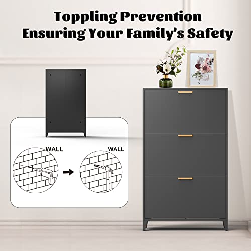 Omethey Shoe Cabinet with 3 Flip Drawers, Wall Mount & Floor Mount Shoe Organizer, All Steel Black Narrow Shoe Storage Cabinet for Entryway, Hallway and Corridor