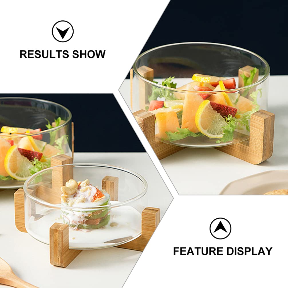 DOITOOL Creative Glass Serving Bowls, Round Salad Container, Clear Salad Serving Bowl with Wood Stand for Pistachios, Edamame, Cherries, Nuts, Fruits, Candies