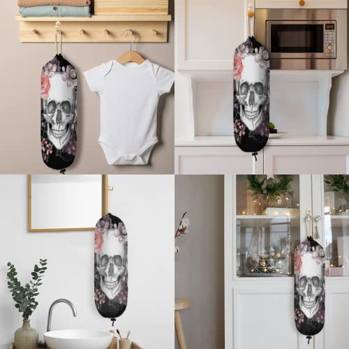Skull Flower Plastic Bag Holder, Day of The Dead Grocery Bag Storage Holder Hanging Garbage Shopping Bag Trash Bags Organizer for Kitchen Home