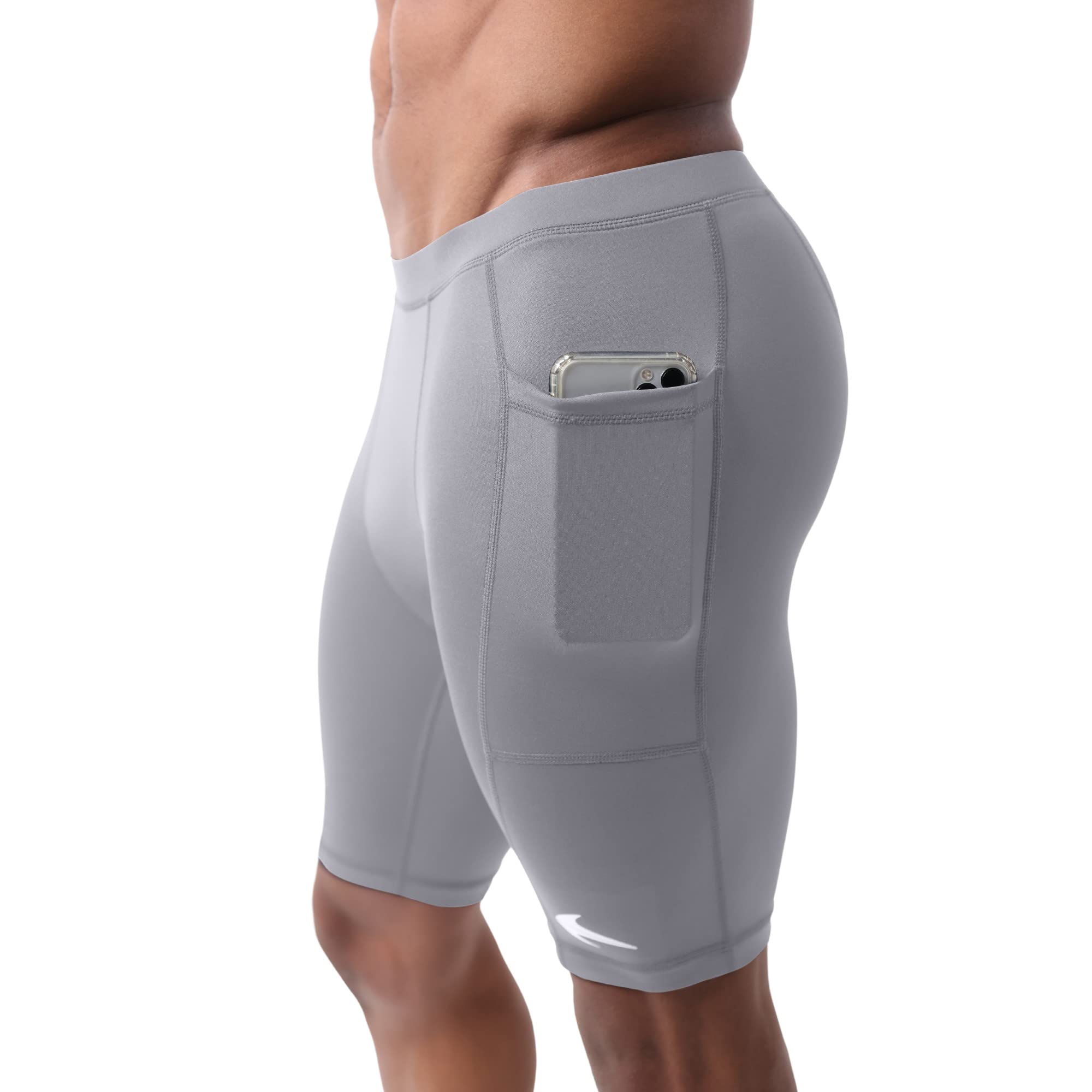 CompressionZ Compression Shorts Men with Pockets - Performance Sport Spandex Compression Underwear 8" (Light Gray, 4XL)