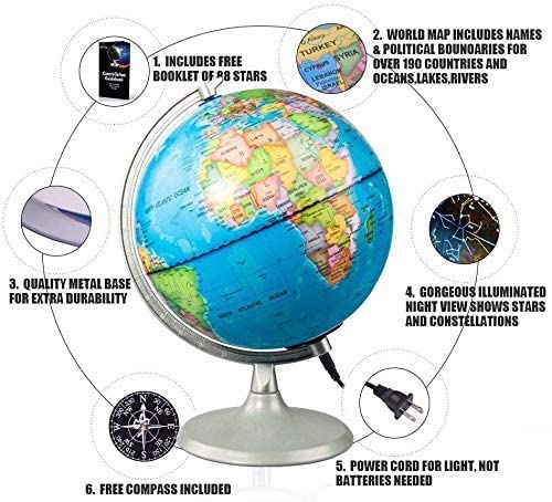 CYHO Illuminated World Globe - USB 2 in 1 LED Desktop World Globe, Interactive Earth Globe with World Map and Constellation View Fit for Kids Adults, Ideal Educational Geographic Learning Toy