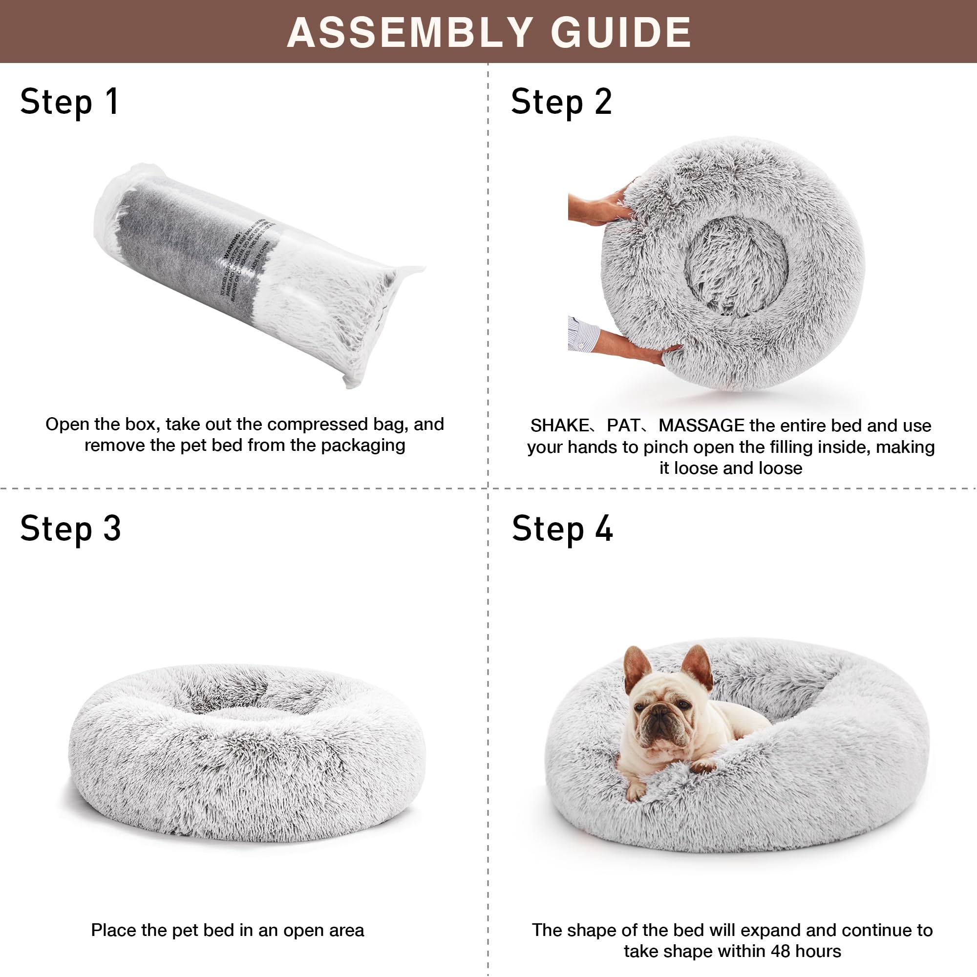 Love's cabin 24in Cat Beds for Indoor Cats - Cat Bed with Machine Washable, Waterproof Bottom - Grey Fluffy Dog and Cat Calming Cushion Bed for Joint-Relief and Sleep Improvement