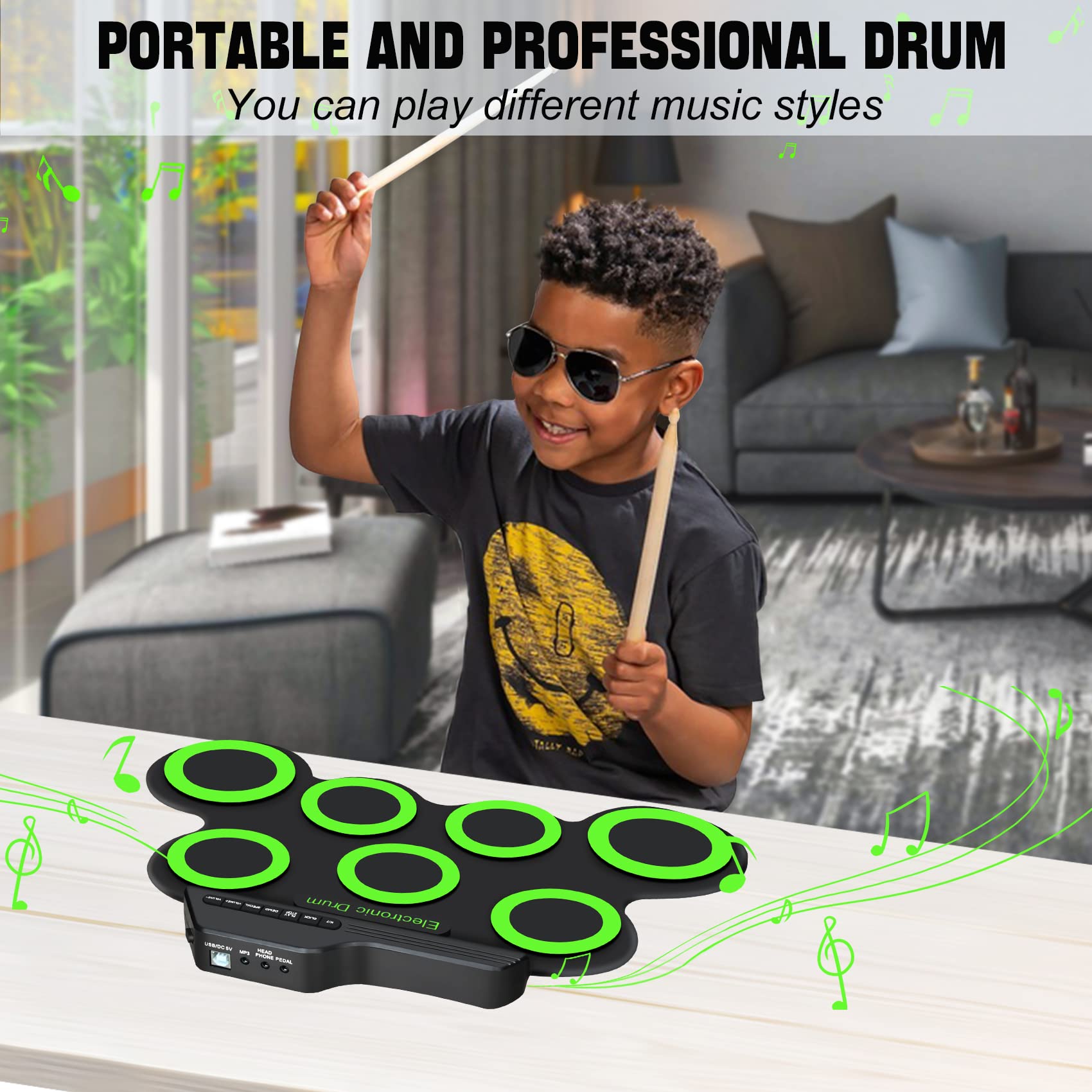 Electronic Drum Sets, Roll Up Drum Practice Pad Kit, 7 Drum Practice Pad Drum Pedals Drum Sticks, round drum for 10h Playtime Great Holiday Birthday Gift for 9-12 Kids, Teens