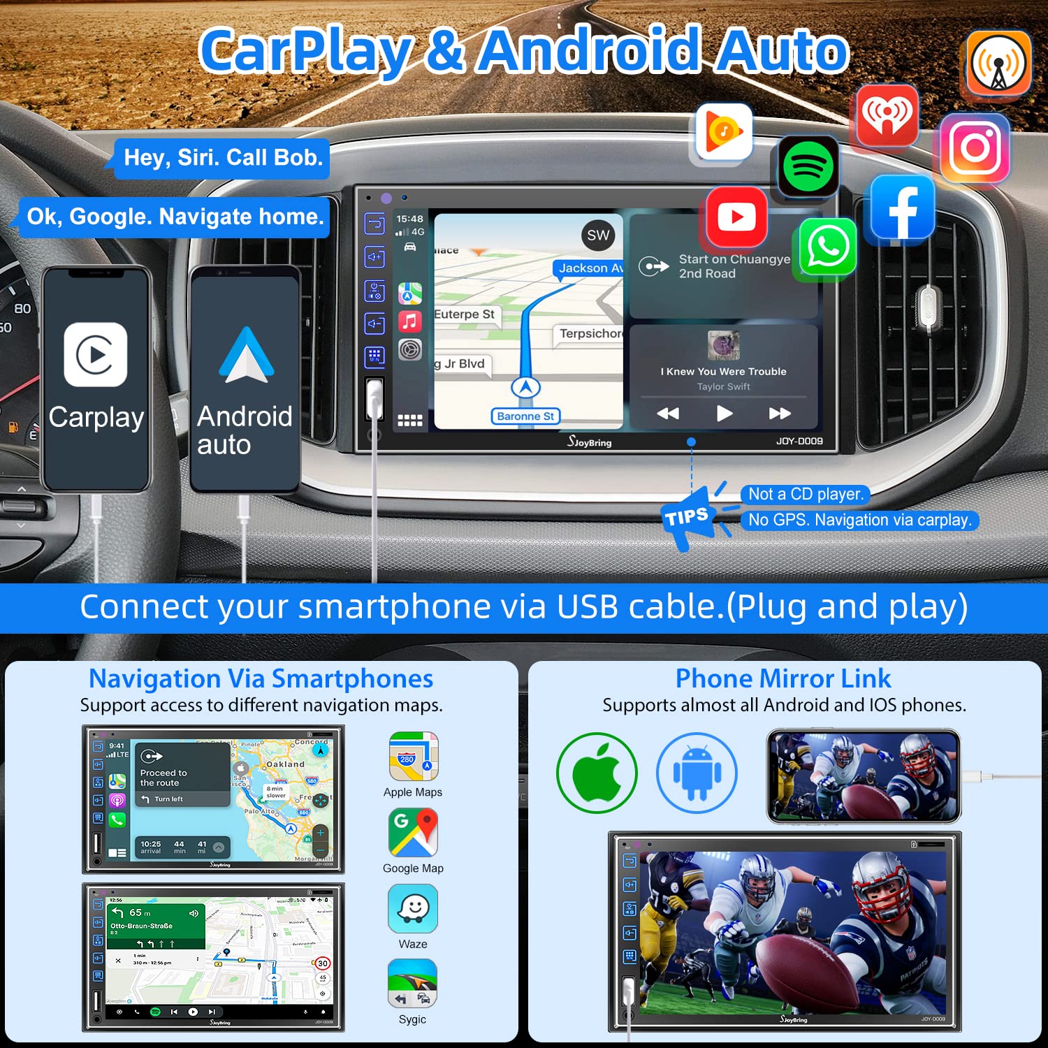 Double Din Car Stereo with Voice Control Carplay and Android Auto, 7 Inch Full Touch HD Capacitive Screen, Car Radio with Bluetooth 5.1, Mirror Link, Front/Rear Camera, Steering Wheel Control, AM/FM