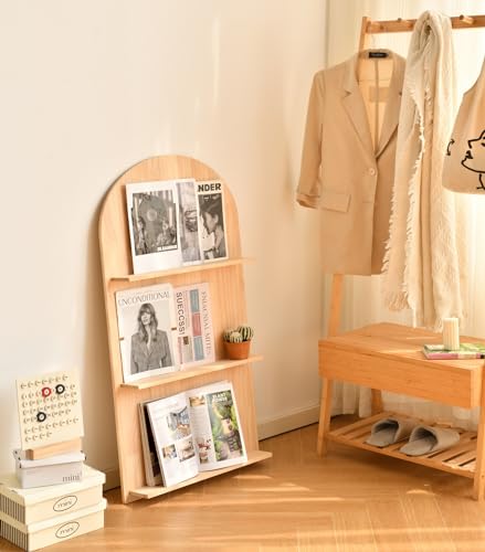 Heehee Solid Wood Bookshelf Bookcase Newspaper Rack Magazine Rack Arched Bookshelf Books and Newspaper Display Rack (3-Tier)