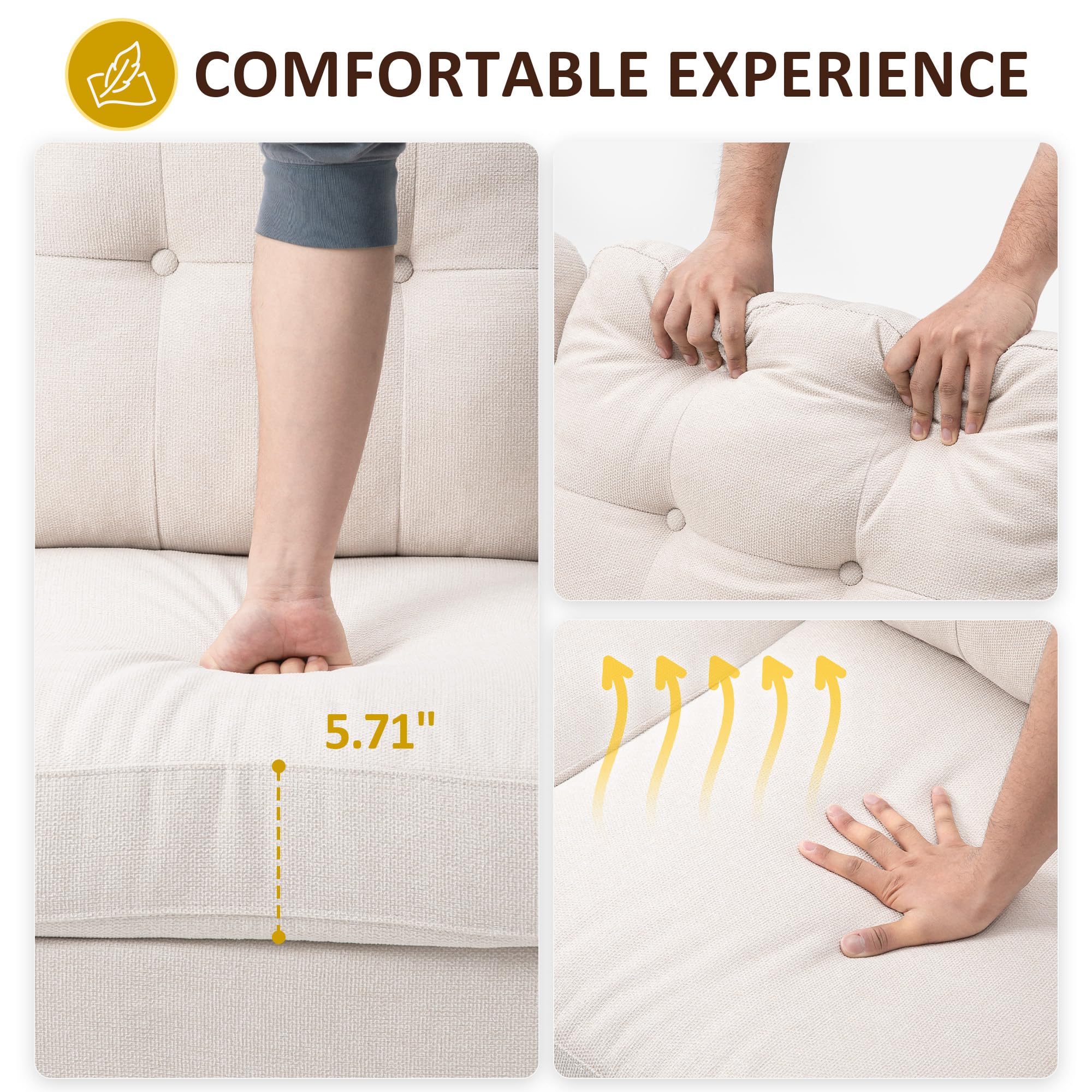 May in Color 6 Pieces I Shaped Couch with Solid Wood Frame and Thick Legs, Modern White Modular Sectional Sofa, Polyester Fabric Big Sofa Bed, Large Sleeper Couch for Living Room