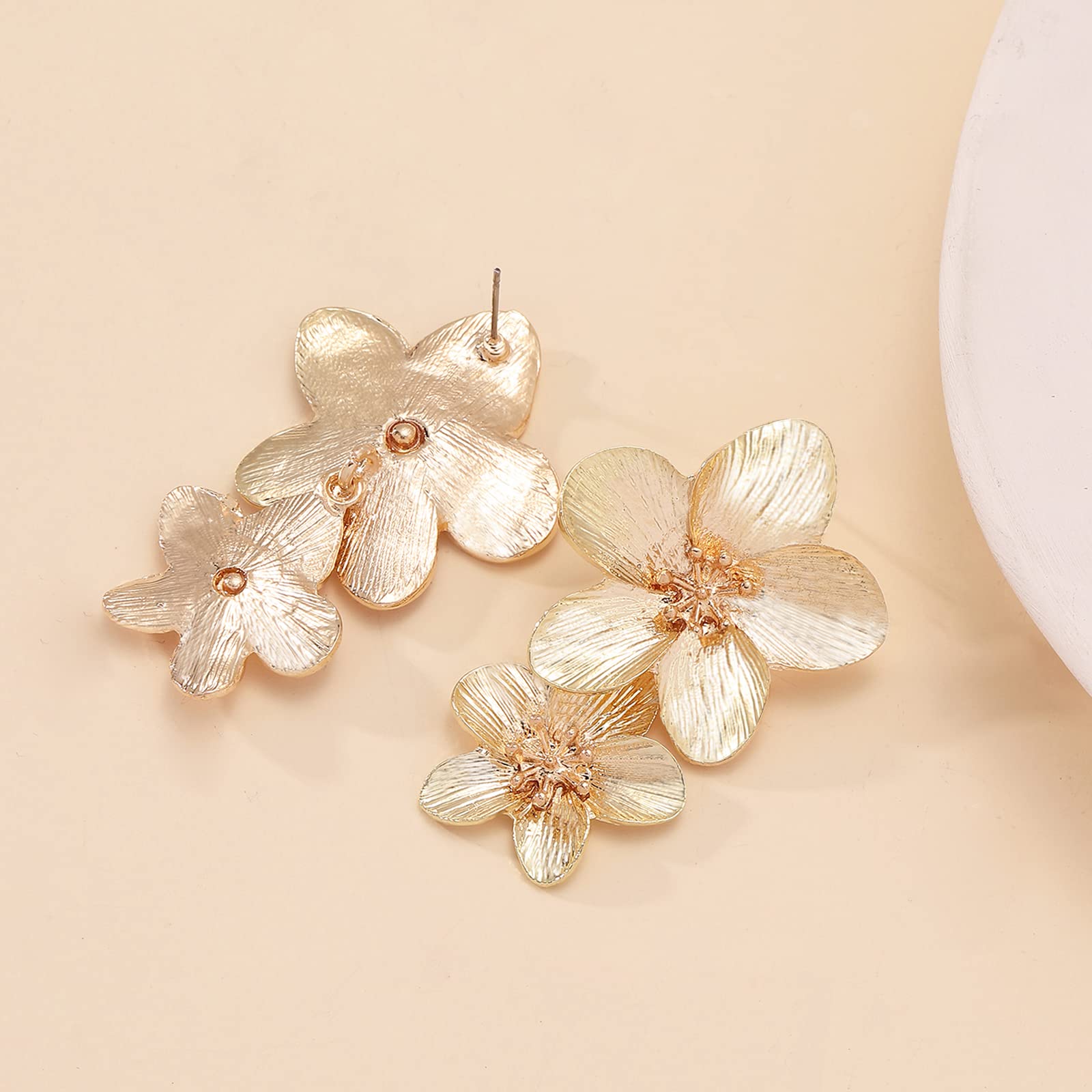 Double Flower Earrings, Gold Dangle Earrings for Women, Flower Statement Earrings for Wedding Party Jewelry