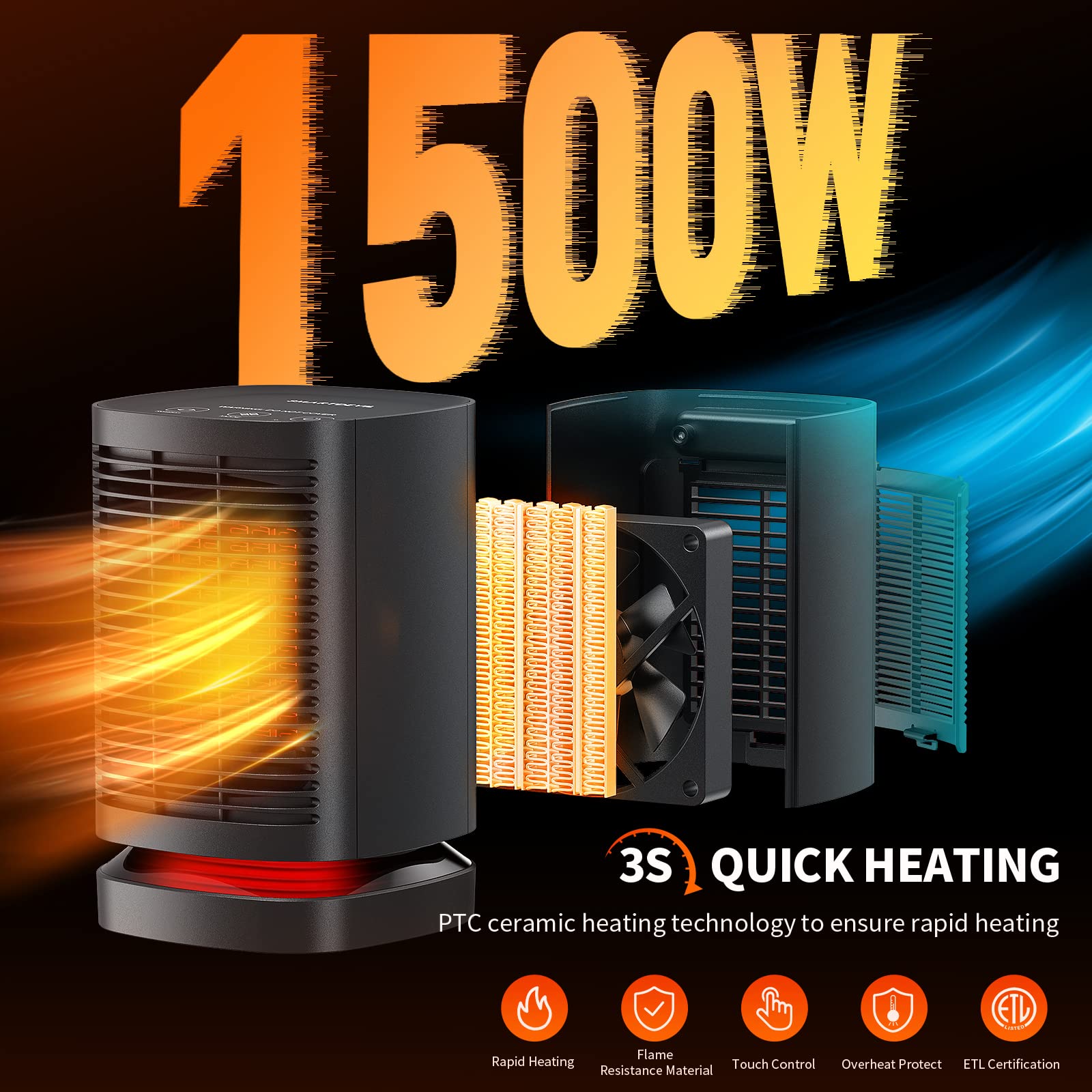 SmartDevil Space Heater, 70° Oscillating Portable Electric Heater, 1500W/800W PTC Ceramic Small Space Heater with 3 Modes, Mini Heater for Office, Desk, Bedroom, Indoor (Black)