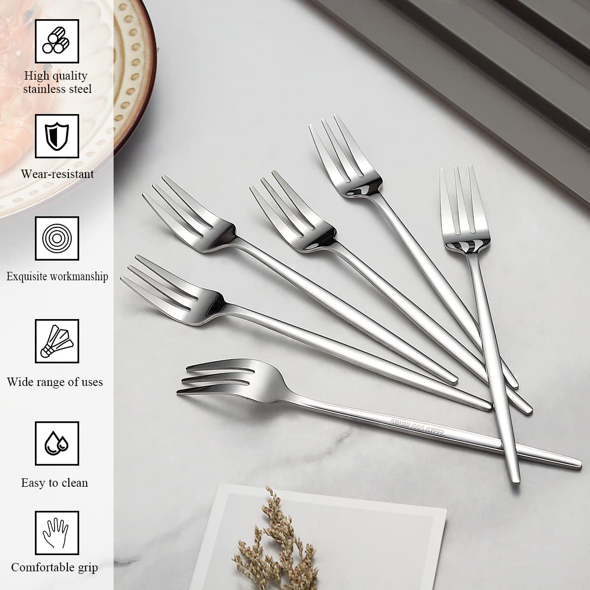Evanda Dessert Forks Set of 6 Pack 6.3"/16.5cm, Stainless Steel Pastry Fork, Family Appetizer Fork for Fruit, Cake, Cheese, Party Trips, Cafes, Restaurants, Easy To Clean, Dishwasher Safe