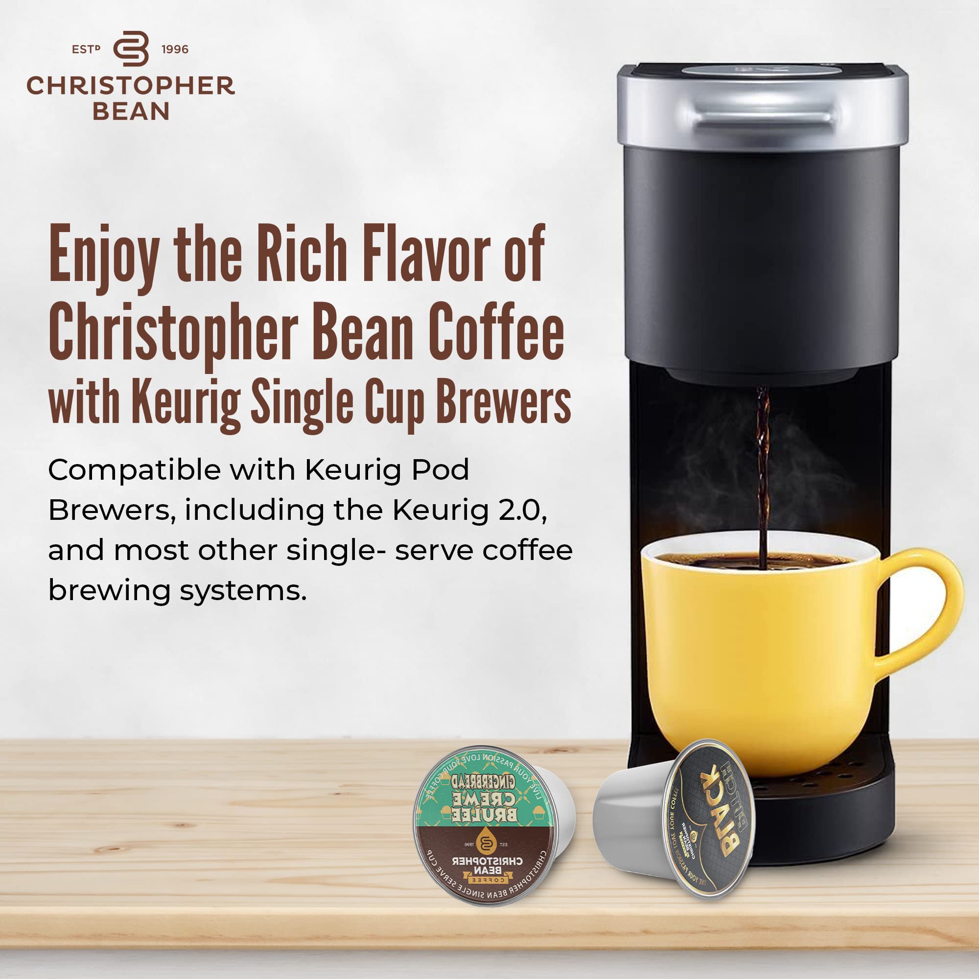 Chocolate Decadence Single Coffee Cup, (Regular) 100% Recyclable Single Serve Flavored Pod, 100% Arabica, No Sugar, No Fats, Non-GMO, 18 Cups of Regular Coffee Per Box – Christopher Bean