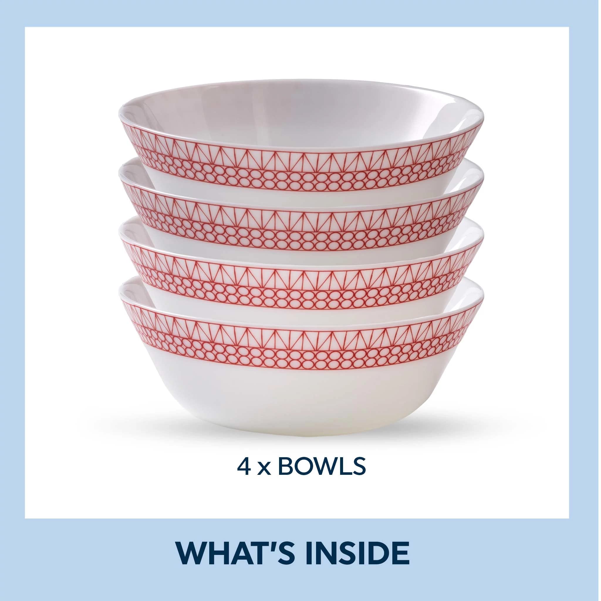 Corelle Everyday Expressions 4-Pc Soup/Cereal Bowls Set, Service for 4, Durable and Eco-Friendly 18-Oz Bowls, Higher Rim Glass Bowl Set, Microwave and Dishwasher Safe, Graphic Stitch