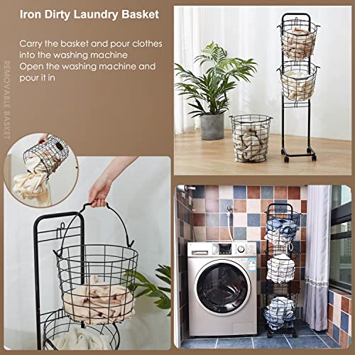 usego 3 Tier Laundry Basket with Rolling Lockable Wheels Wire Metal Sorter Storage Trolley Shelf Basket Durable Metal Sorter Clothes Storage Trolley Shelf with Removable Hamper for Organizing Clothes