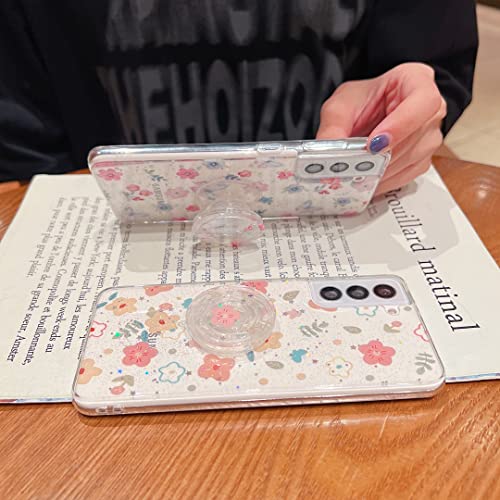 CrazyLemon for Samsung Galaxy Note 20 Case Silicone Clear Floral Design with Stand Ultra Thin Transparent Cute Aesthetic Pink Flowers Pattern Soft TPU Shockproof Protective Phone Case for Women Girls