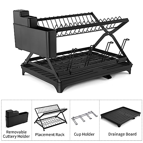 Dish Drying Rack Dish Rack for Kitchen Counter,Dish Racks for Kitchen Counter,Rustproof X-Type Utensil Holder,with Drain Board Wine Glass Holder Utensil Holder, 2Tier Multifunctional Dish Rack