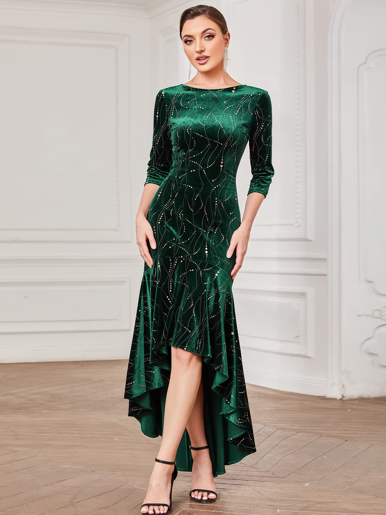 Ever-Pretty Women's Velvet 3/4 Sleeve High-Low Mermaid Plus Size Gorgeous Evening Dress Green US16