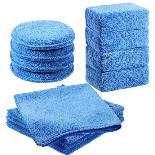 Tallew 12 Pack Microfiber Applicator Pad Microfiber Sponge for Car Include Round Wax Microfiber Applicator Rectangle Car Drying Towel Exterior Auto Detailing Kit for Cleaning (Blue)