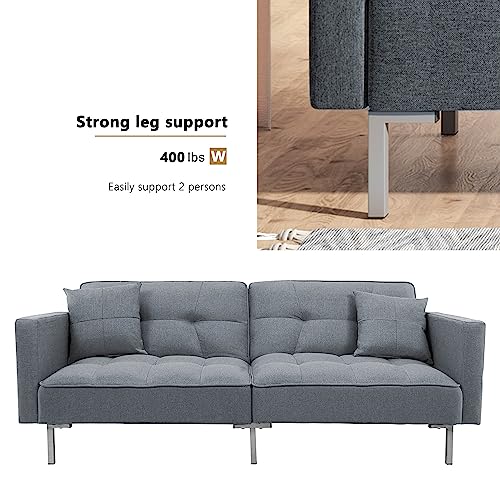RIDFY Modern Upholstered Adjustable Folding Sofa Bed with Two Pillows and Metal Legs, Linen Fabric Futon Couch with Armrests for Living Room, Apartment, Dorm, Home, Office (Dark Gray)
