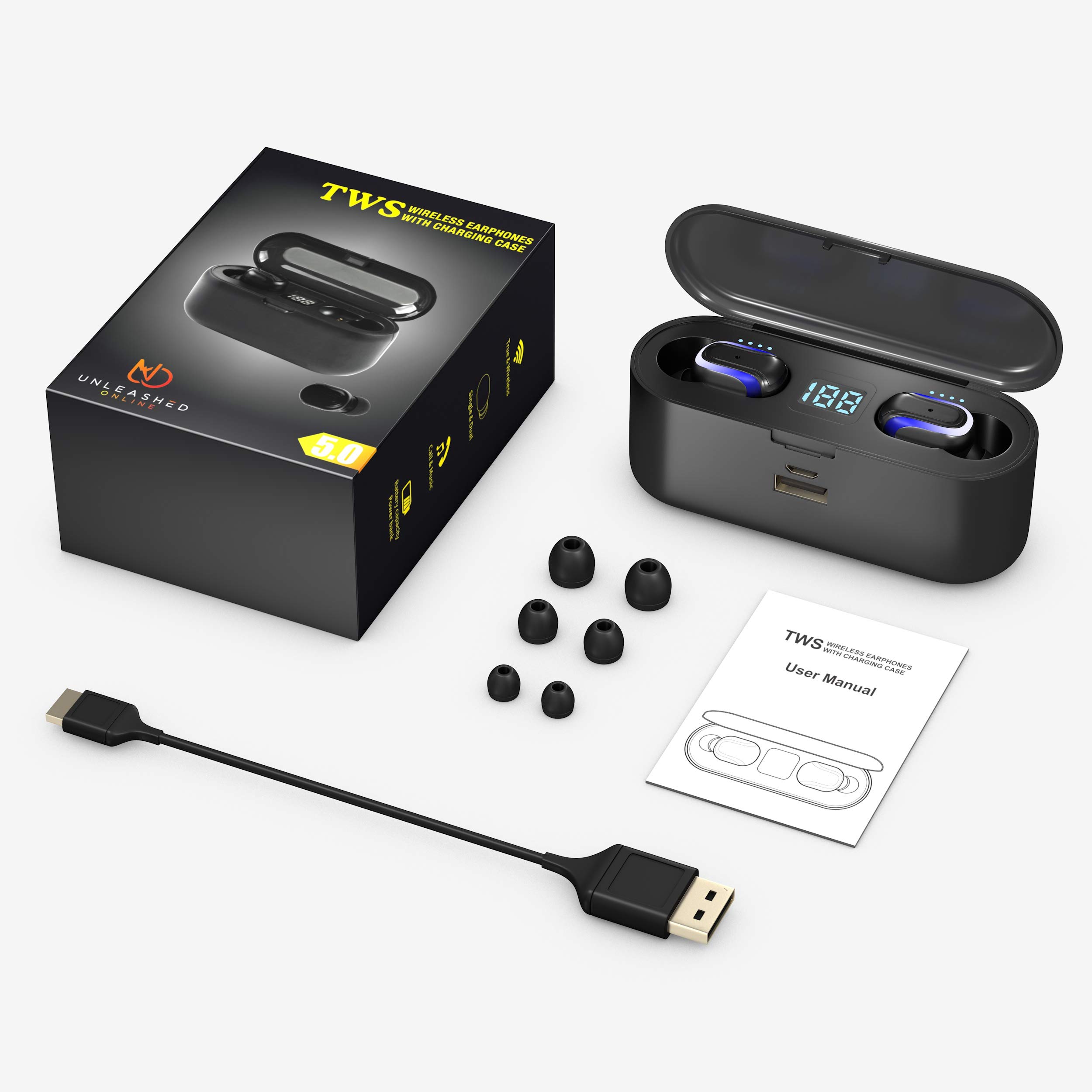 Compact Wireless Bluetooth 5.1 Noise Canceling Earbuds IPX7 Waterproof True Stereo Headphones 36 Hr Playtime Charging Case (with Built in Phone Charging Feature) in Ear Microphone for Sports Work Play