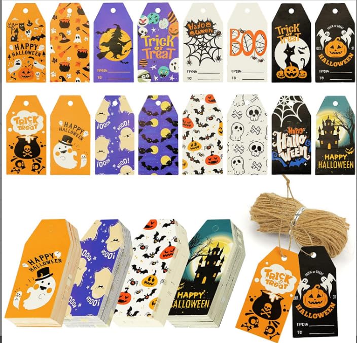 SallyFashion 160 PCS Halloween Paper Tags, 16 Styles Halloween Treat Tags Gift Bags with String for Halloween Party Favor Candy Bags
