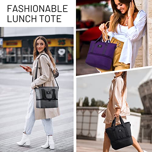 MIER Dual Compartment Lunch Bag for Women Insulated Lunch Box, Small Lunch Tote with Shoulder Strap for Work, Black