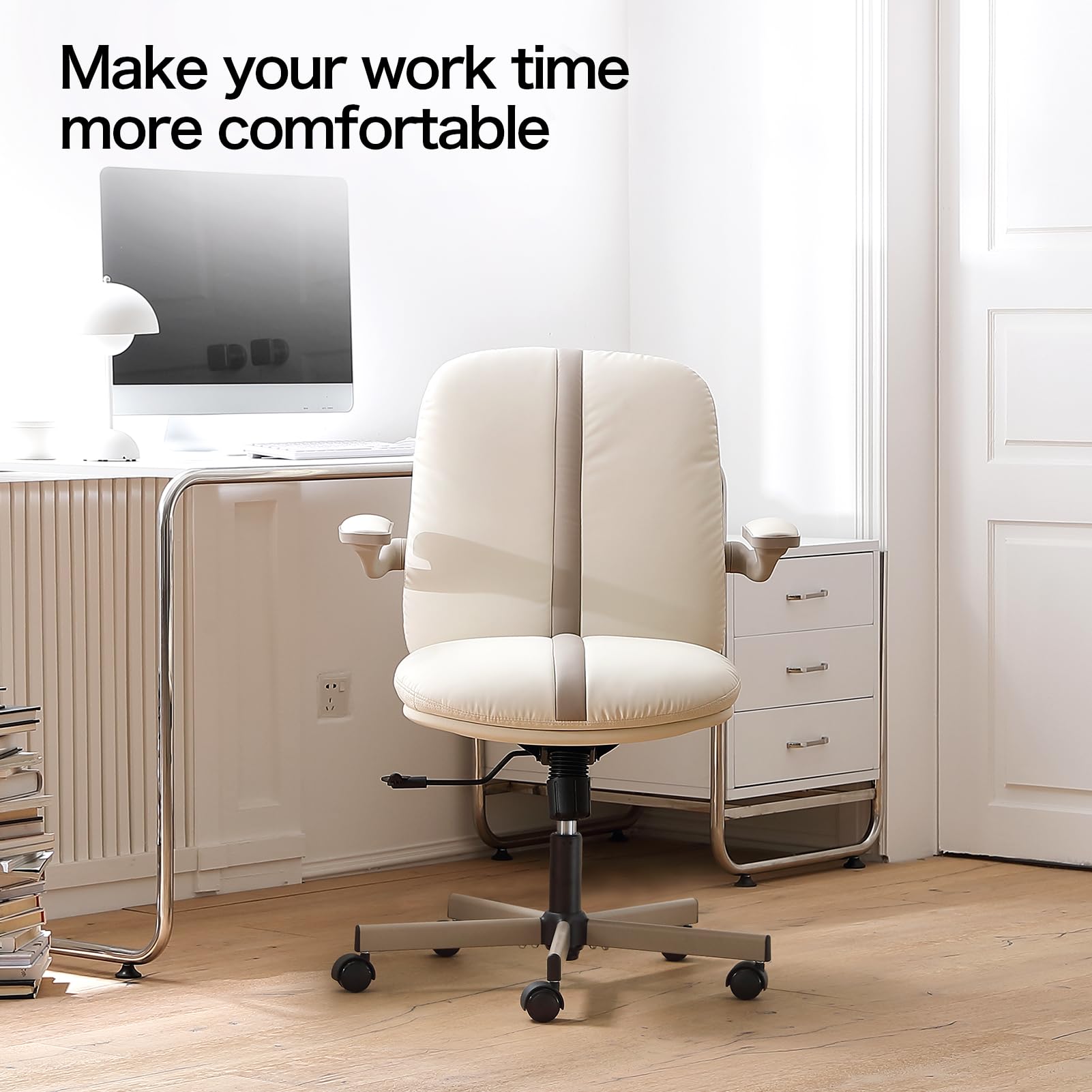 LEAGOO Home Office Desk Chairs with Wheels, Small Desk Chair with Mid-Back, Comfy Flip-up Arms Adjustable PU Leather Swivel Computer Chair, Ergonomic Task Chair for Space Saving, Bedroom, Study, White