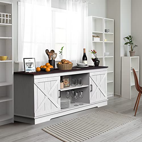 YITAHOME Buffet Cabinet, 59.5β Farmhouse Sideboard Buffet Storage Cabinet with Barn Door Coffee Bar Cabinet with Capacity 300 lbs for Home Dinning Living Room, Grey White/Espresso, 26β Height