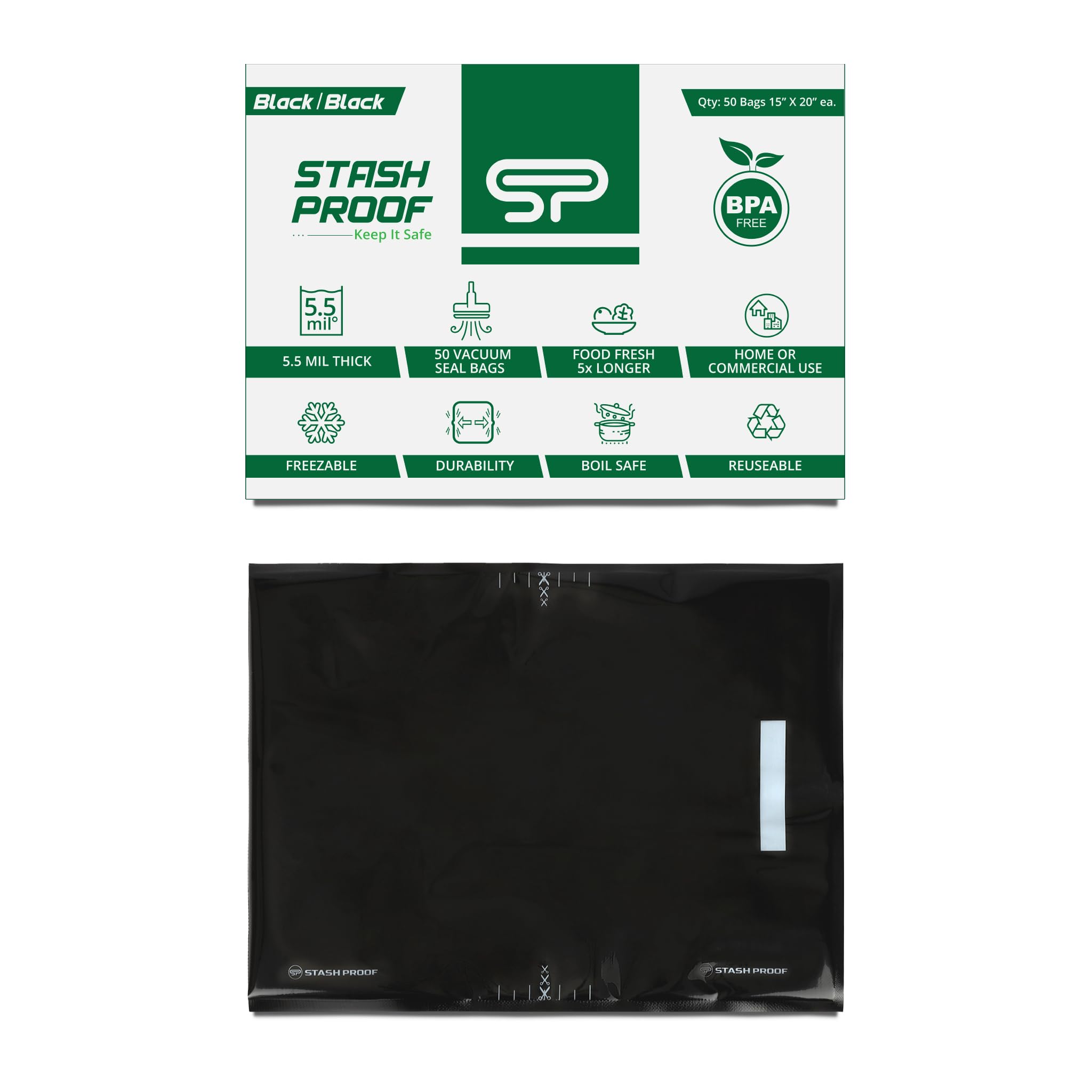 Stash Proof Vacuum Seal Bags 15" x 20" (50 Count) 5.5 Mil (Black and Black) - BPA Free Commerical Grade Food Saver for Storage, Sous Vide, and Meal Prep Sealer Bag