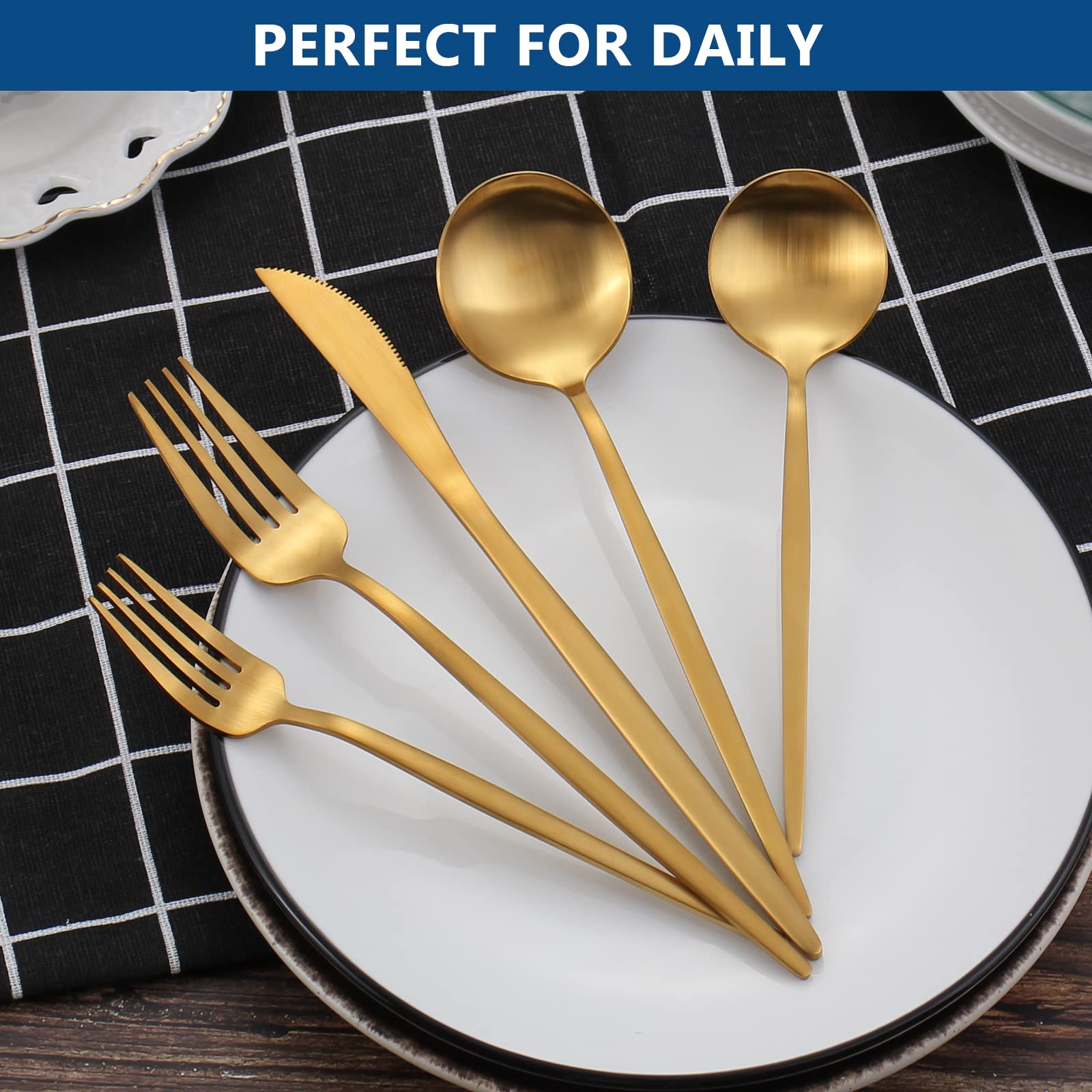 OPOLIA 20-Piece Matte Gold Silverware Set for 4, Stainless Steel Flatware Cutlery Set, For Home Kitchen Restaurant Hotel, Dishwasher Safe