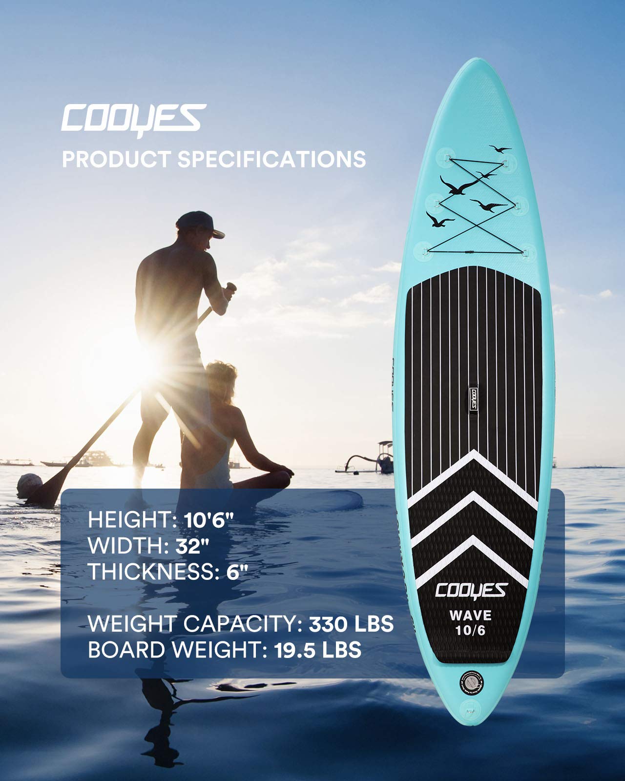 Cooyes, 10ft/10.6ft Inflatable, Stand up paddle board with Premium SUP Accessories & Backpack, Emergency Repair Kit, Non-Slip Deck & More - Extra-Light ISUP