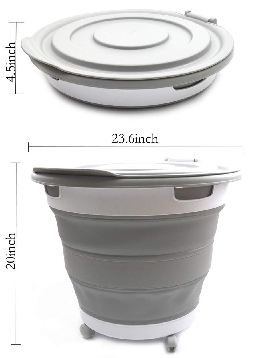 SAMMART 66L(17.4 Gallon) Collapsible Plastic Garbage Bin with Wheels & Removable Lid-Foldable Pop Up Container-Portable Washing Tub-Space Saving Basket,Water Capacity 56L(14.8 Gallon) (1, Grey)