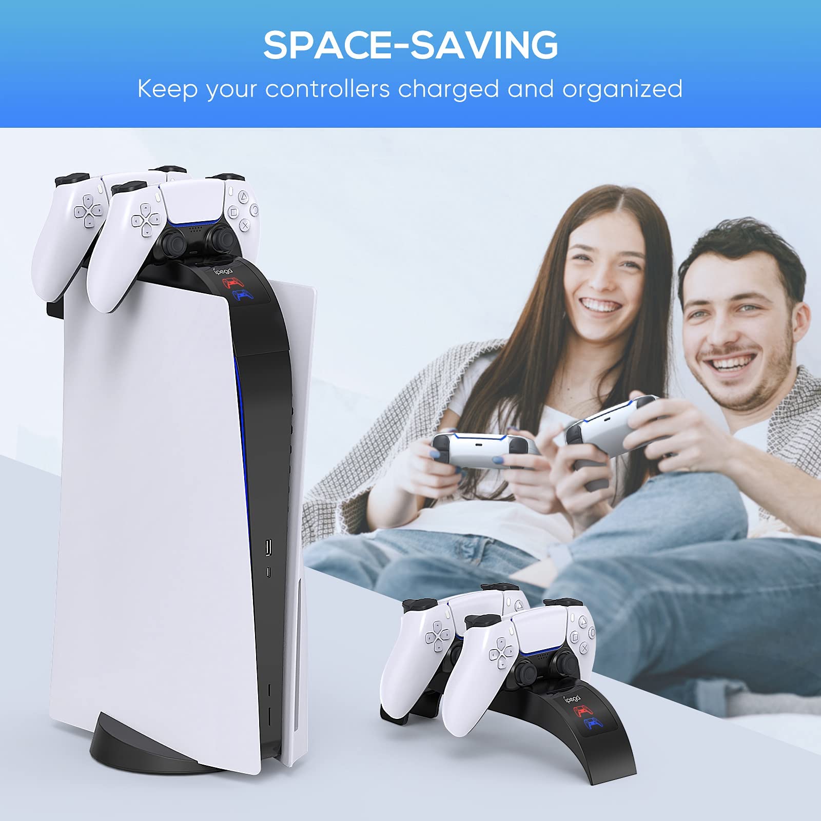 Controller Charging Station for PS5, Console Top Charger Dock for DualSense, Dual Fast Charging with LED Indicator, Safe Circuit Protection for PS 5 Disc & Digital Edition