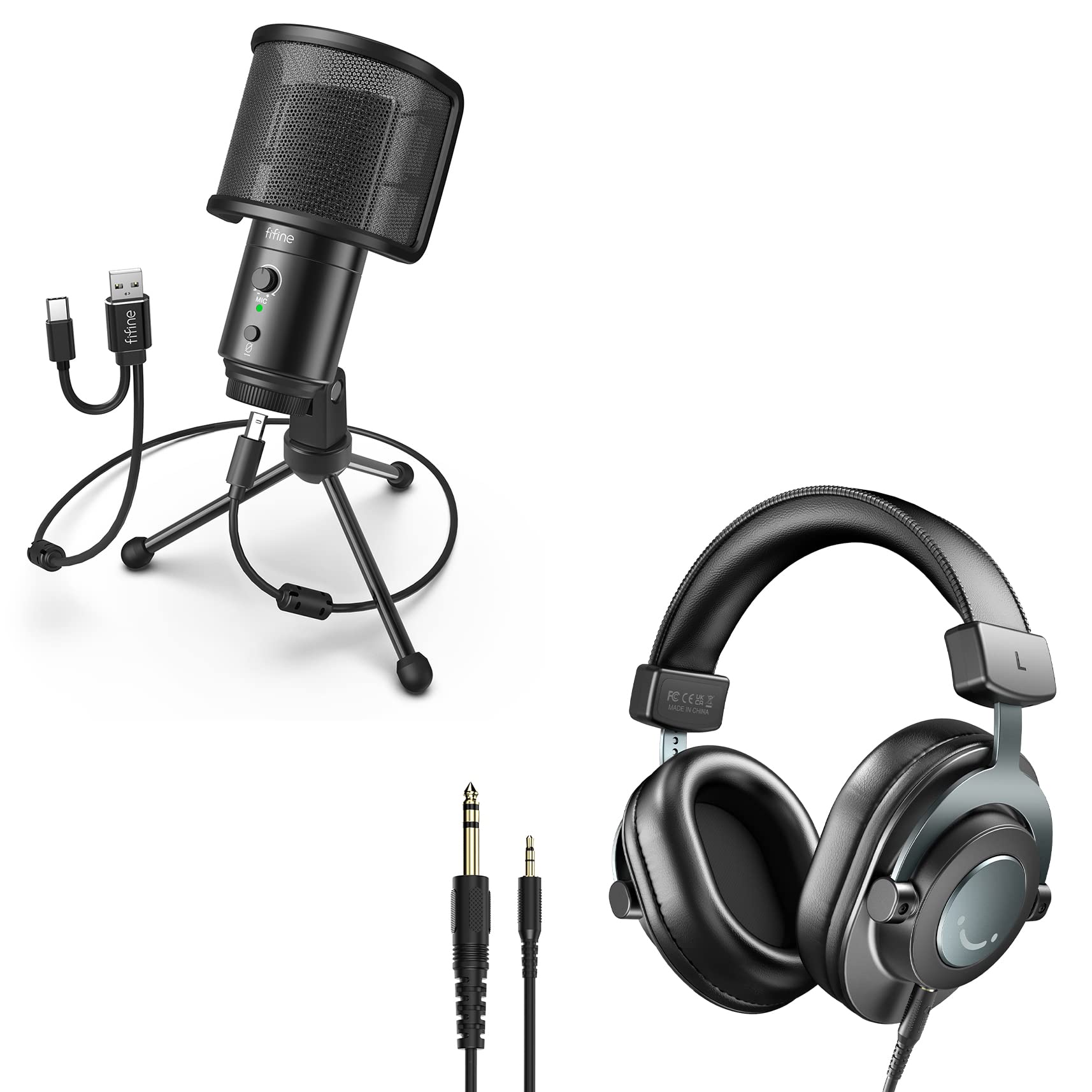 FIFINE USB Desktop Microphone 3.5mm/6.35mm Headphones for Studio Monitor, PC Microphone with Gain Control and Mute Button, Black Podcast Headphones with Coiled Cables, Soft Earmuffs (K683A+H8)