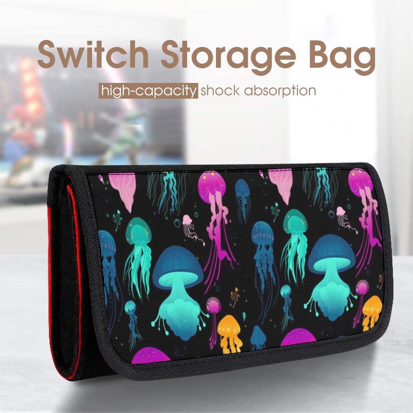 Glowing Colorful Jellyfish Carrying Bag Compatible with Switch Protective Case Slim Felt Pouch with 5 Game Cartridges Holders