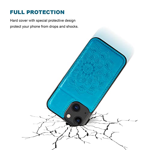 Vaburs Wallet Case for iPhone 13, Kickstand Case with Credit Card Holder, Embossed Mandala Floral PatternĀ Premium PU Leather Magnetic Closure Shockproof Protective Flip Cover 6.1" (Blue)