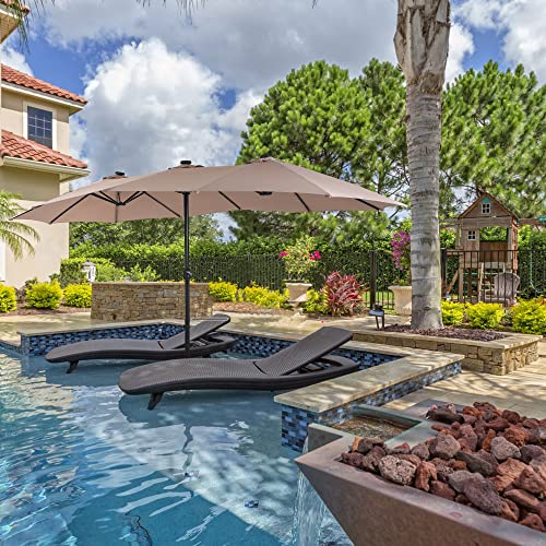 PHI VILLA 15ft Large Patio Umbrella with Solar Lights, Double-Sided Outdoor Market Rectangle Umbrellas with 36 LED Lights, Base (Stand) Included, Beige