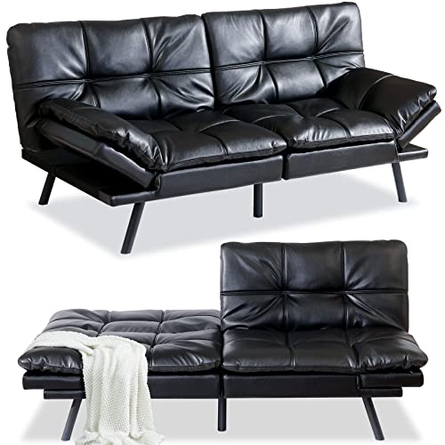 Opoiar Futon Sofa Bed,Faux Leather Convertible Sofa Bed,2 Seater Sofa Couch,Futon Couch,Memory Foam Sleeper Sofa with Quick Adjustable Armrest & Backrest for Compact Living Spaces,Black