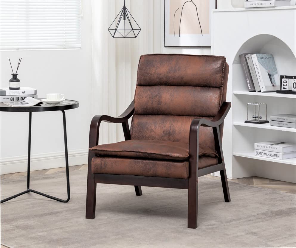 Container Furniture Direct Mid Century Modern Accent Chair for Living Room, Bedroom or Office, Retro-Styled Armchair with Solid Wood Frame and Plush Cushioning, Spotted Microfiber, Brown