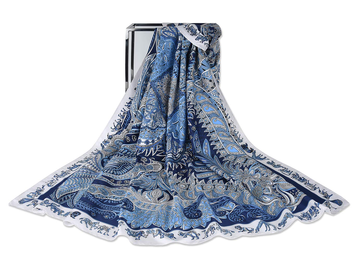 corciova XL 50x50 Large Square Navy Royal Blue White Silk Hair Spanish Scarf Satin Tops for Women Head Wraps Shawl Headscarf