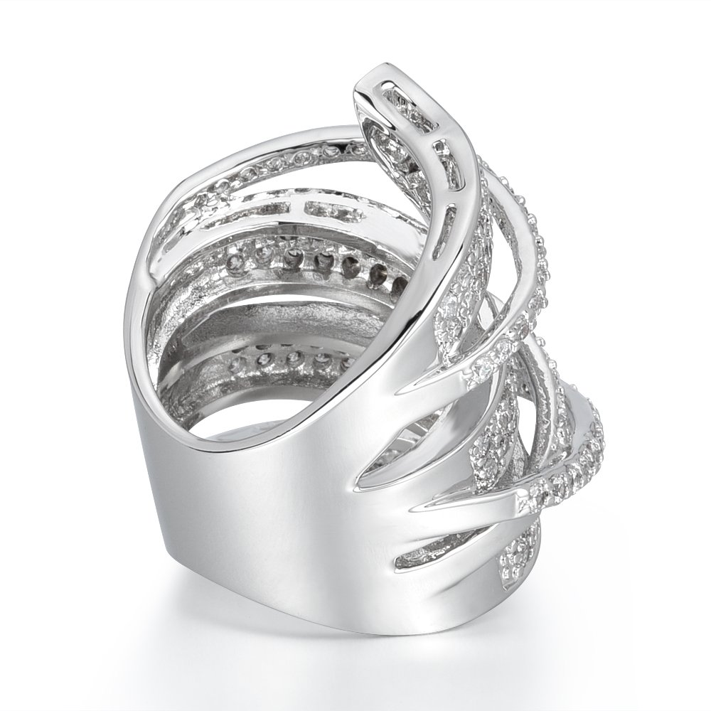 Delicin Jewelry Rhodium Plated Cubic Zirconia Wide Band Cocktail Ring