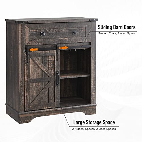 OKD Farmhouse Coffee Bar Cabinet, 32" Sliding Barn Door Buffet Sideboard Cabinet with Drawer, Adjustable Storage Shelves, Wooden Accent Cabinet for Kitchen, Living Room, Dining Room(Dark Rustic Oak)