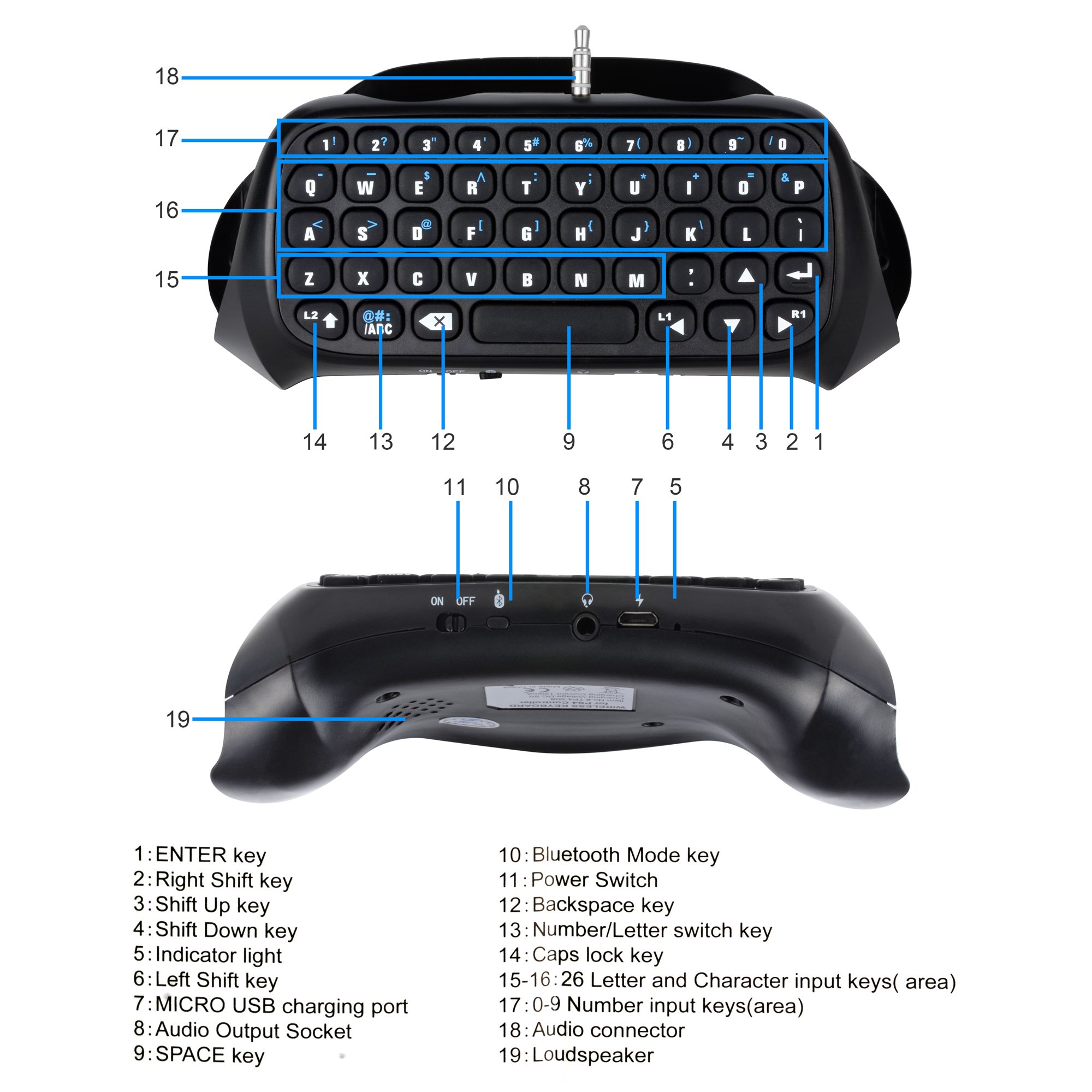 Controller Keyboard for PS4, Wireless Bluetooth Keypad Mini Chatpad Rechargeable Online Gaming Live Chat Message Gamepad Keyboard with Built-In Speaker & 3.5MM Audio Jack for Playstation 4 Dualshock