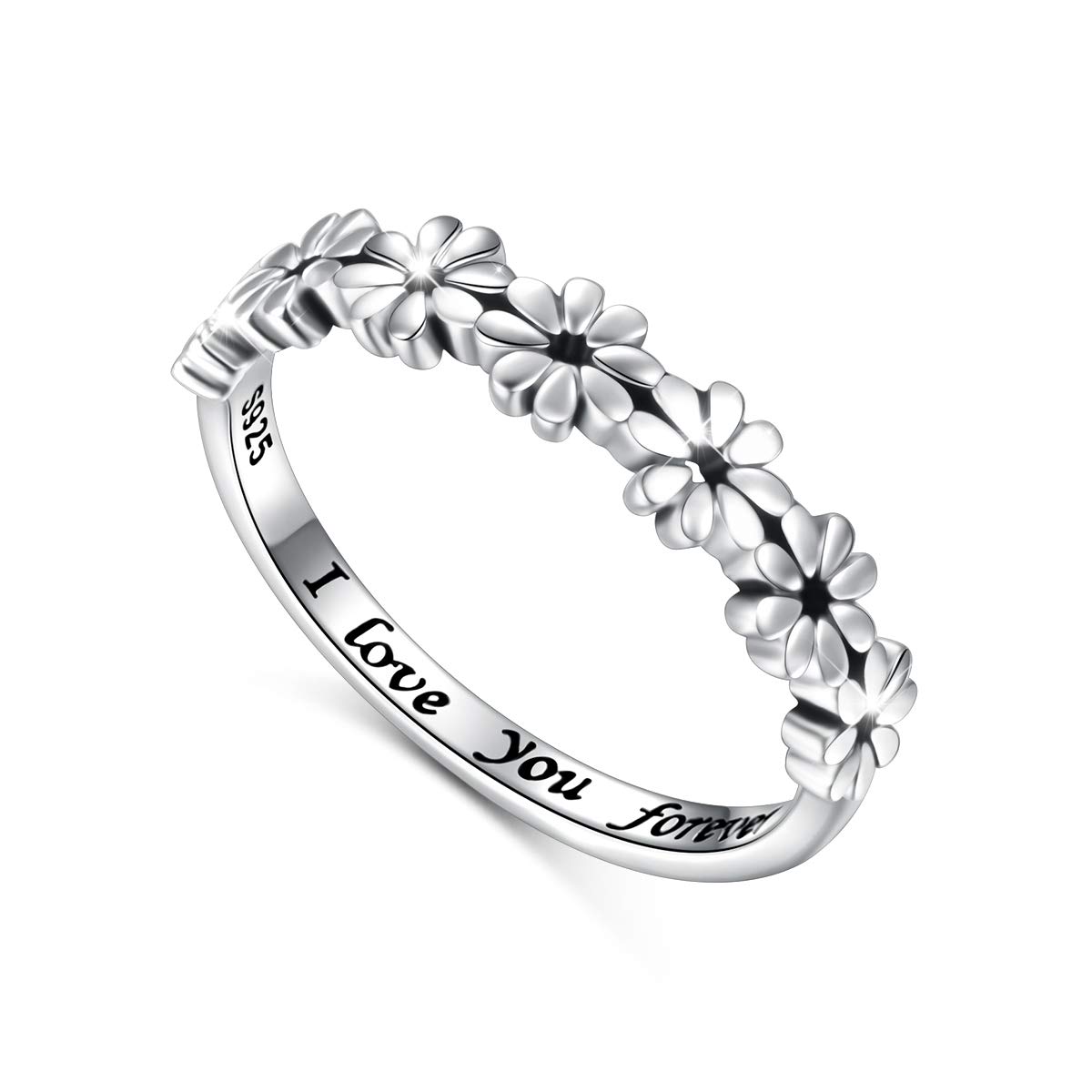 DAOCHONG 925 Sterling Silver Ring Daisy Flower Hawaiian I Love You Forever Tarnish Resistant Comfort Fit Wedding Band Ring 10