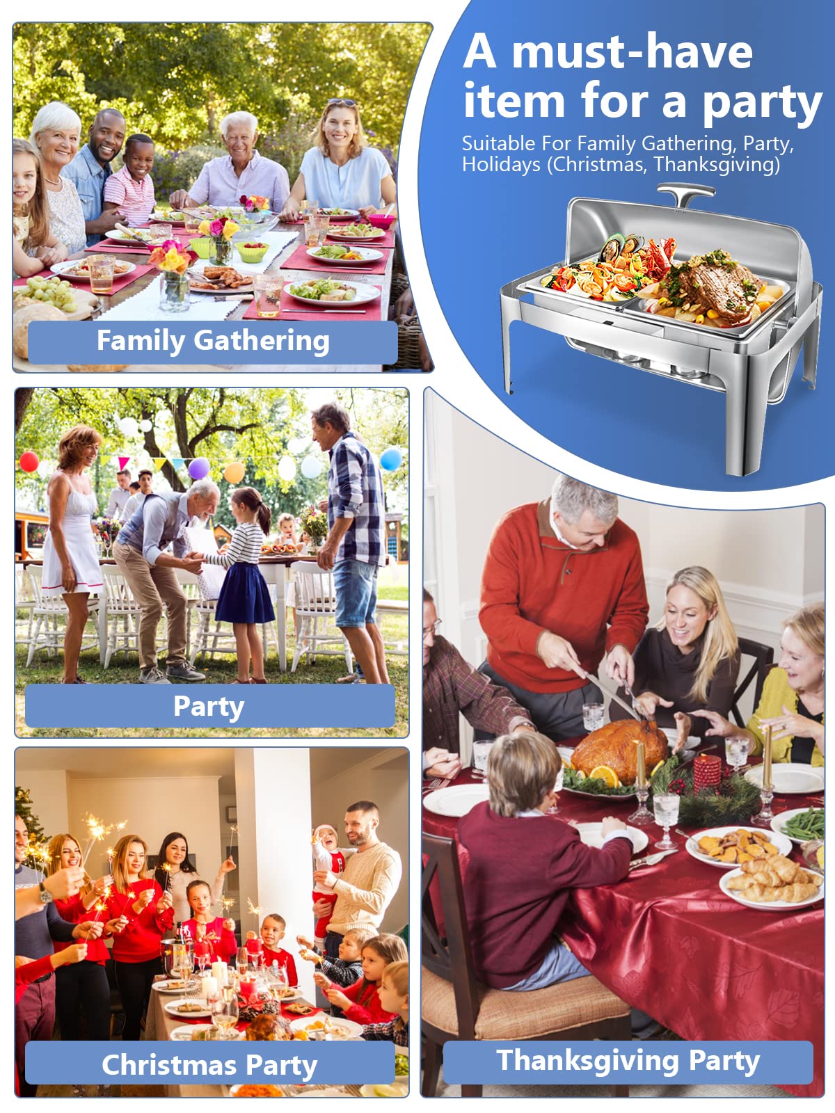 Granvell Rectangular Roll Top Chafing Dish Buffet Set, Catering Food Warmer for Parties, Wedding, Birthday, Christmas, 1 Full Size & 2 Half-Size Chafing Server Dish, 14QT Water Pan