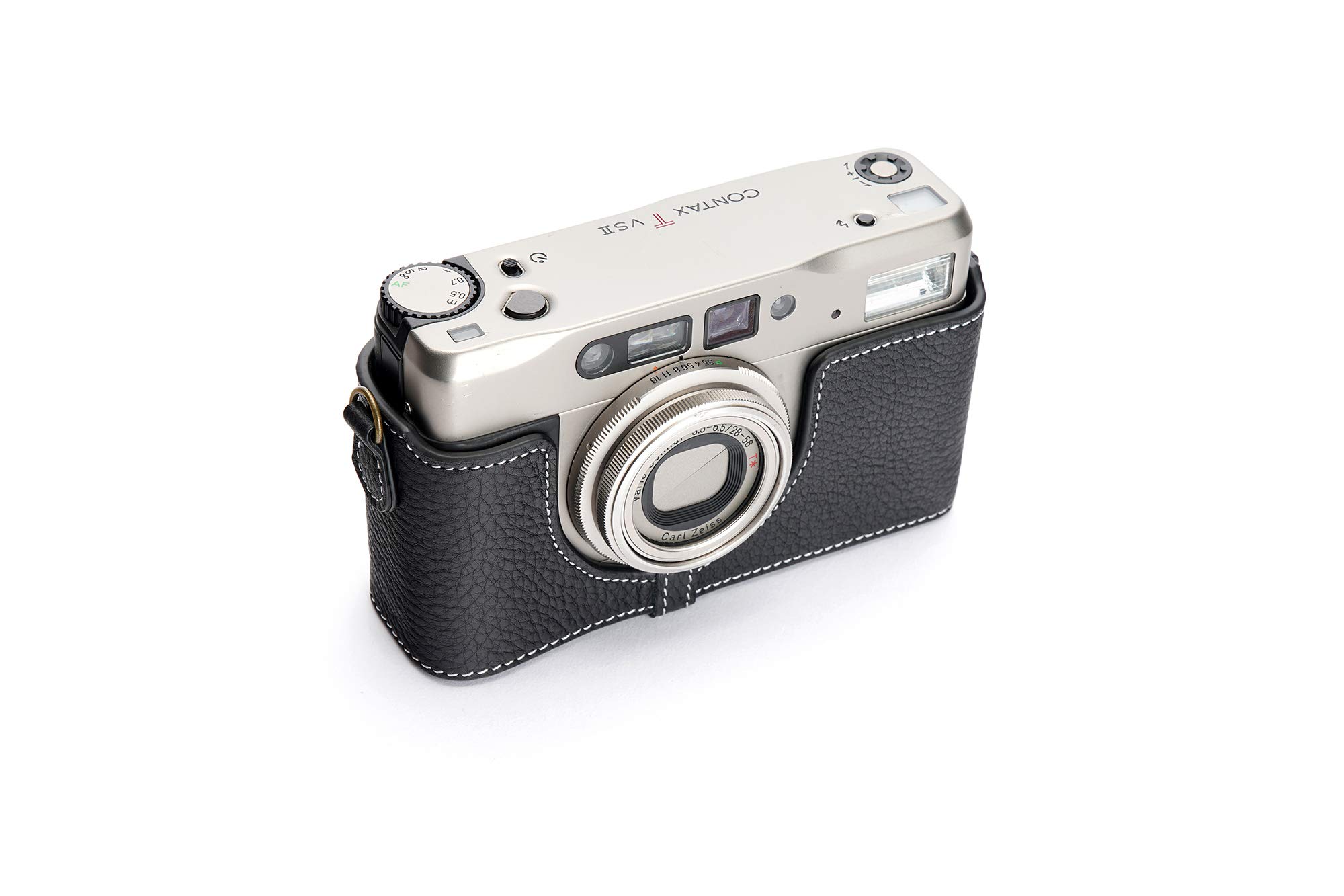 Contax TVS II Case, BolinUS Handmade Genuine Real Leather Half Camera Case Bag Cover for Contax TVS II Camera with Hand Strap (Black)