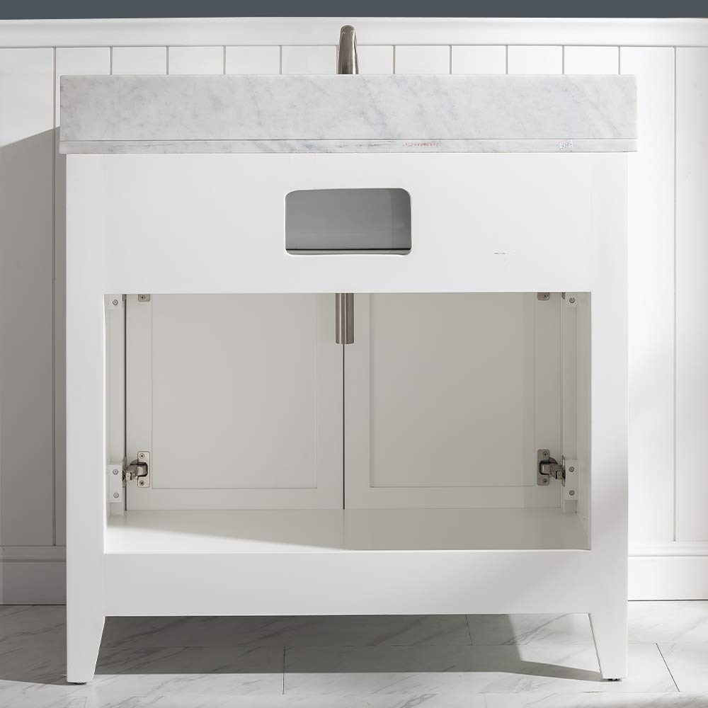 Luca Kitchen & Bath LC36VWW Balboa 36” Single Bathroom Vanity Set in Pure White with Carrara Marble Countertop and Farmhouse Sink