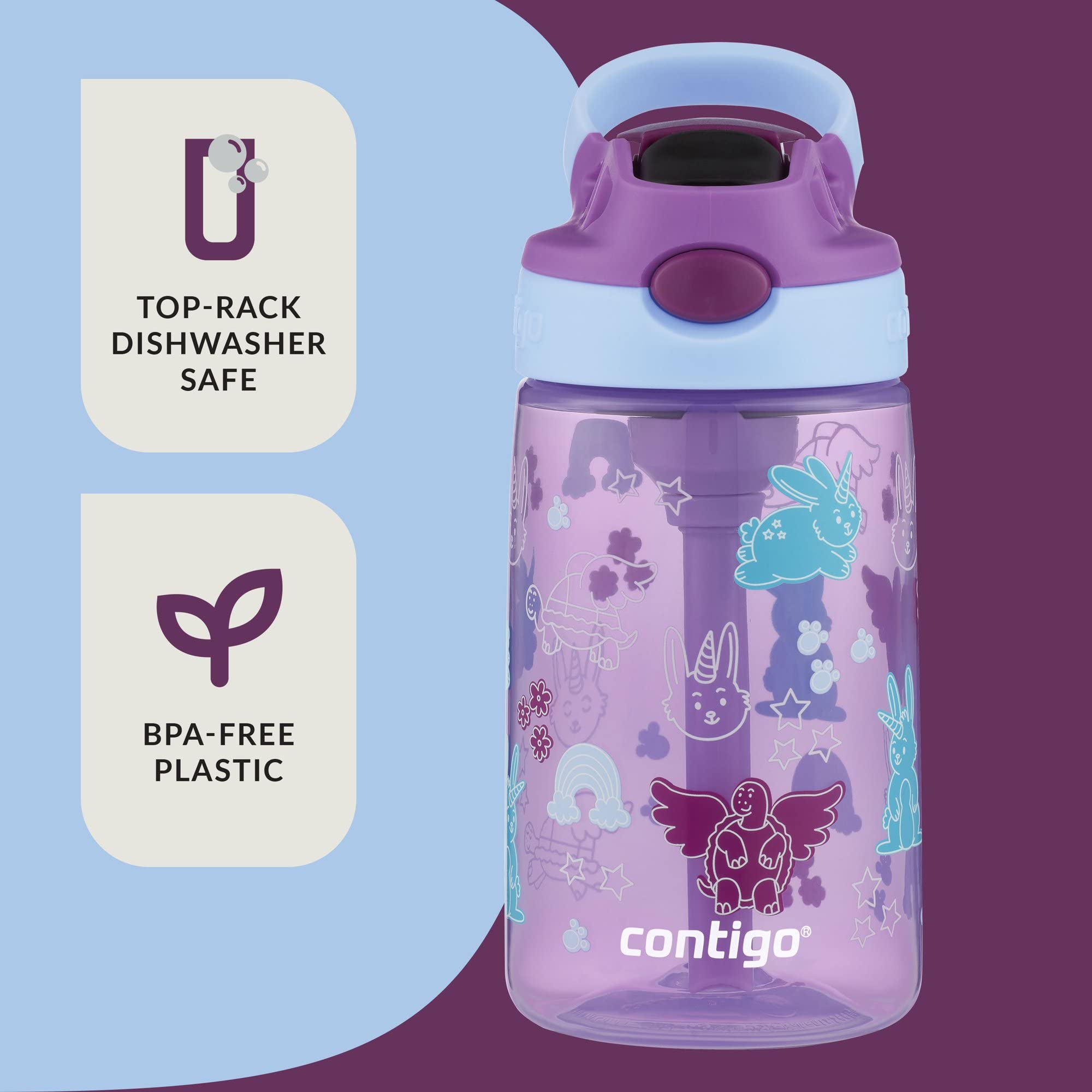 Contigo 14 oz Kids Plastic Water Bottle with Straw Lid, 2 Pack - Purple Bunnicorns and Blue Friendly Bots