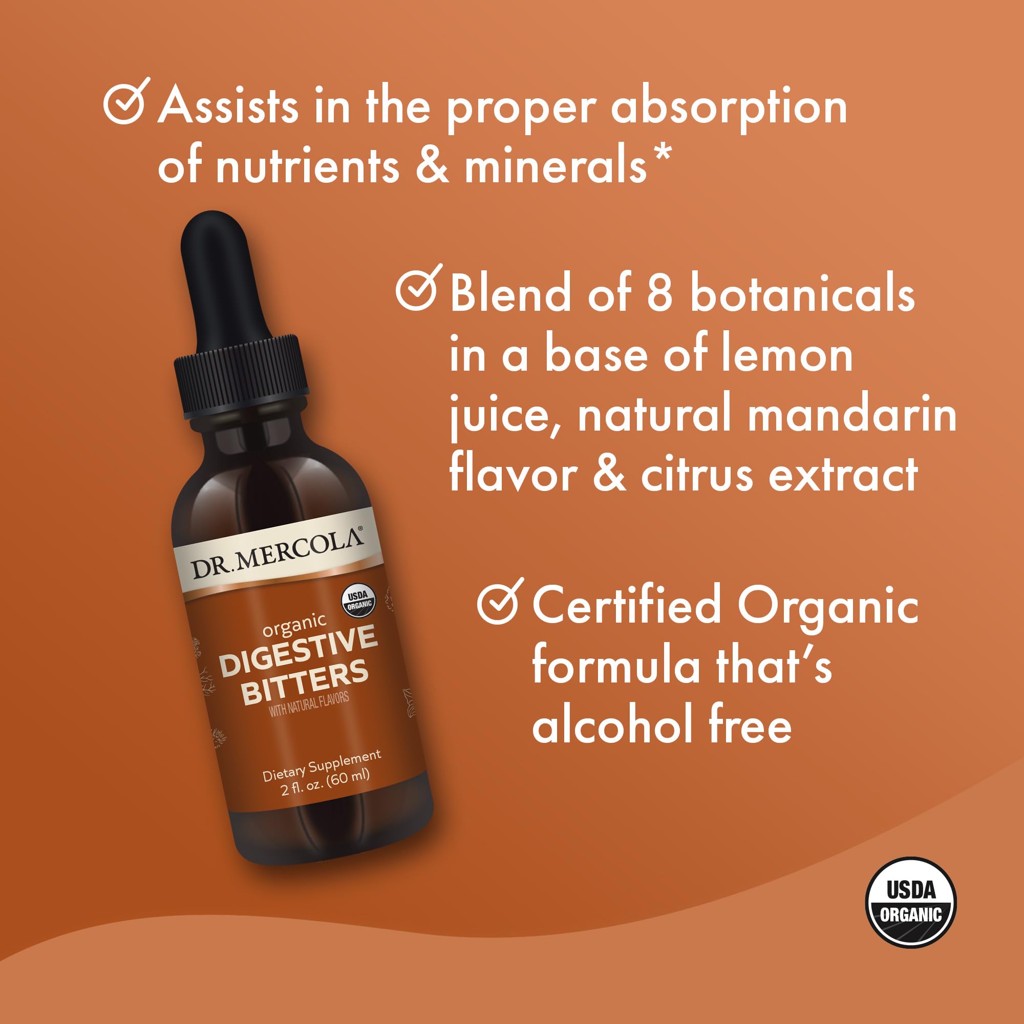 Dr. Mercola Organic Digestive Bitters, 1 Bottle (2 fl oz.), Supports Normal Digestion and Overall Gastrointestinal Health*, Non GMO, Soy Free, Gluten Free, USDA Organic